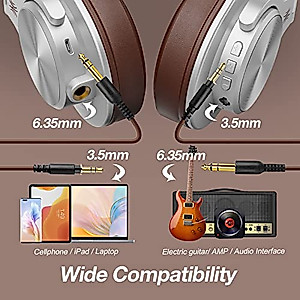 OneOdio A70 Bluetooth Over Ear Headphones, Wireless Headphones w/ 72H Playtime, Hi-Res, 3.5mm/6.35mm Wired Audio Jack for Studio Monitor & Mixing DJ E-Guitar AMP, Computer Laptop PC Tablet - Silver