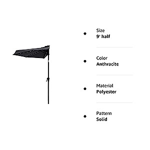 FLAME&SHADE 9 ft Half Round Solar Powered Outdoor Market Patio Table Umbrella for Wall Balcony with LED Lights and Tilt, Anthracite