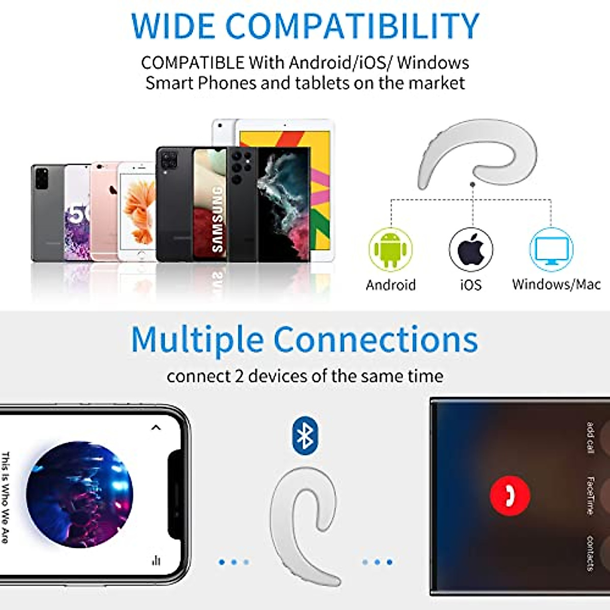 JAKPAK Bluetooth Earpiece for iPhone 13 Pro Max, Bluetooth Wireless Headphone Ear Hook, Bone Conduction Headphones with Mic Wireless Single Ear Bluetooth Headset for Galaxy S22 Ultra S21 A13 Silver