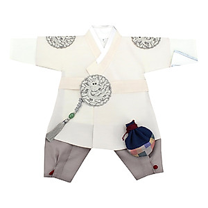 Korean Hanbok Boy Baby Traditional Kings Design Clothing Set Beige 100th days to 8 ages ddb003 (100th days hanbok)