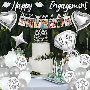 Trgowaul Engagement Wedding Decorations, Silver Happy Engagement Banner with 7PCS Photo Banner for Bridal Shower, Ring Foil Balloon, Just Engaged Cake Topper Bridal Shower Supplies