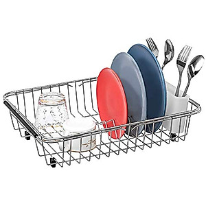 SANNO Dish Drying Rack, Expandable Dish Drainer Over Sink Kitchen Sink Grate Sink Protector for Kitchen Organization Stainless Steel