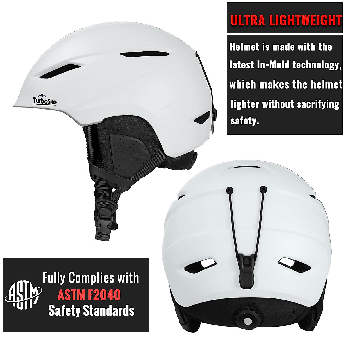 TurboSke Ski Helmet, Snowboard Helmet Snow Sports Helmet, Audio Compatible Helmet for Men, Women and Youth (L, White)