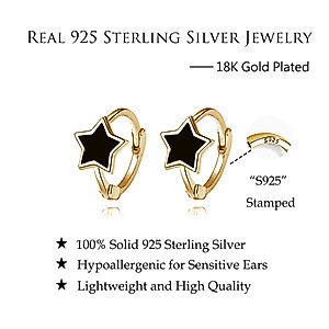 Reffeer Solid 925 Sterling Silver Black Star Huggie Earrings Hoops for Women Small Star Hoop Earrings Cartilage Helix Earrings (B-18K Gold)