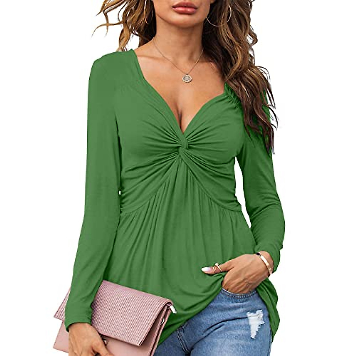 SMIDOW Womens Sexy Twist Front v Neck Tops Trendy Spring Long Sleeve Shirts Solid Casual Loose Comfy Pleated Blouse