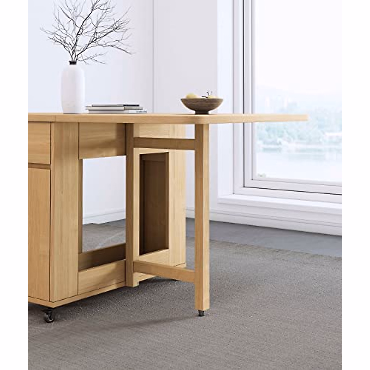 PIAQIA Folding Dining Table with Chairs, Convertible Drop-Leaf Kitchen Table Set with Storage, Space Saving Foldable Dinner Table for 6, Natural, 55" X 32" X 29", 1 Table& 2 Chairs