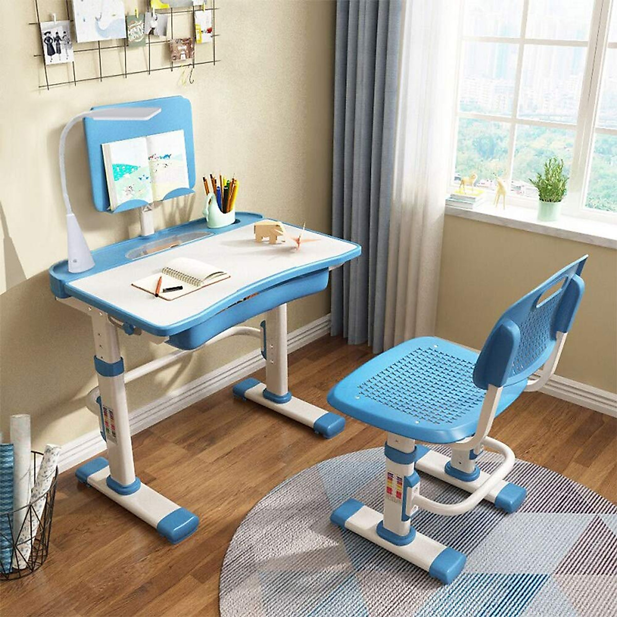 Yinleader Kids Desk and Chair Set,Height Adjustable,Spacious Storage Drawer,with Adjustable Tilted Desktop, Bookstand, Touch Led Lamp for School Student (Blue Set)