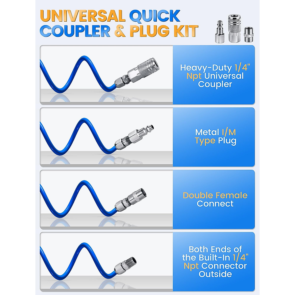 SARDVISA 25 Feet Repairable EVA Recoil Air Hose, Air Compressor Hose with 1/4" NPT Industrial Universal Quick Coupler and I/M Plug Kit, 200PSI Max Air Tool Hose