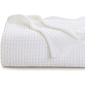 White Waffle Weave Soft Lightweight Queen Size Bed Blanket, 90x90in - 100% Cotton, Travel Blanket, Throw Blanket for Sofa, Bed, Couch