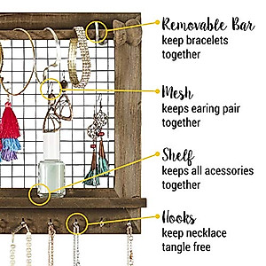 SoCal Buttercup Rustic Jewelry Organizer with Bracelet Rod Wall Mounted - Wooden Wall Mount Holder for Earrings, Necklaces, Bracelets, and Many Other Accessories