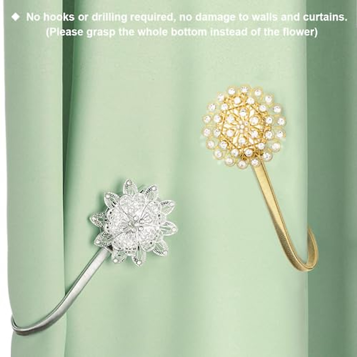 AULEEP Magnetic Curtain Tiebacks, 4 Pack Magnetic Decorative Drapes Curtain Clips Buckle, Flower Curtain Tie Back, European and American Style (Silver)