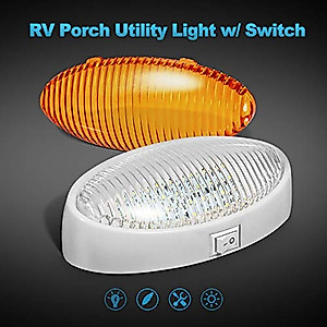 Partsam 2Pcs Oval LED RV Exterior Porch Utility Light w/On-Off Switch 12v Lighting Fixture Replacement Lighting for RVs, Trailers, Campers, 5th Wheels. White Base, Clear and Amber Lens Removable