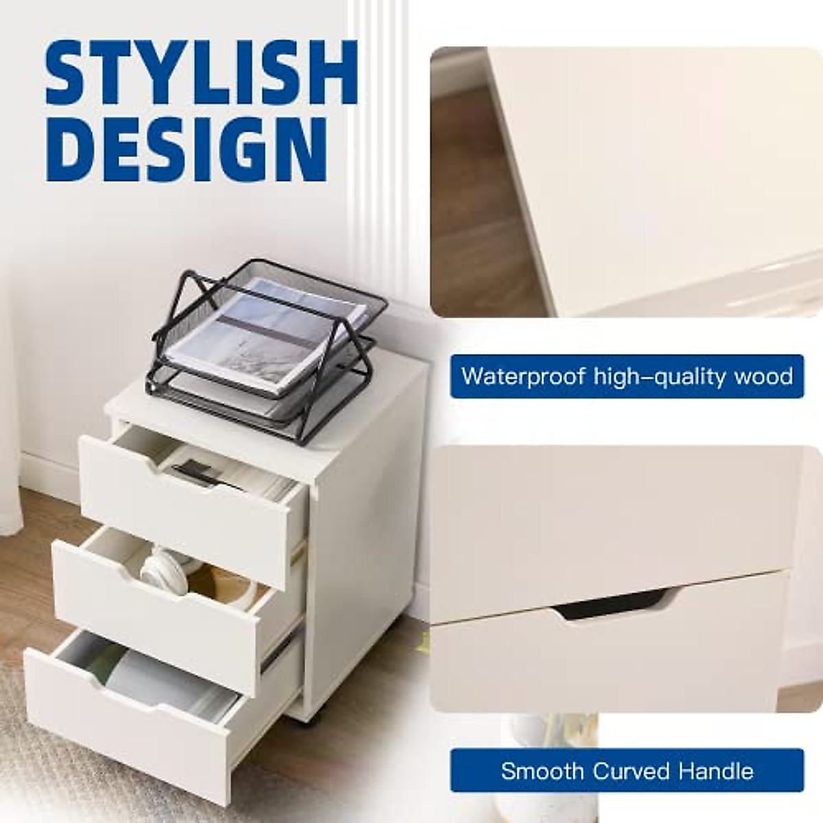 Farini Mobile File Cabinet for Home Office, 3 Drawer Chest Wood, Drawers Unit for Under Desk, Storage Drawers Cabinet White