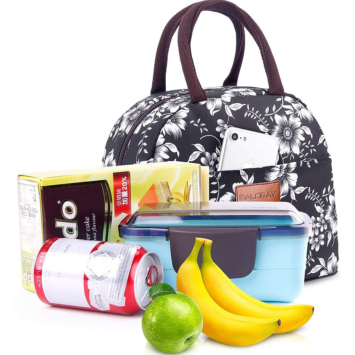 BALORAY Lunch Bag for Women Men Insulated Lunch Box for Adult Reusable Lunch Tote Bag for Work, Picnic or Travel (White Flower)