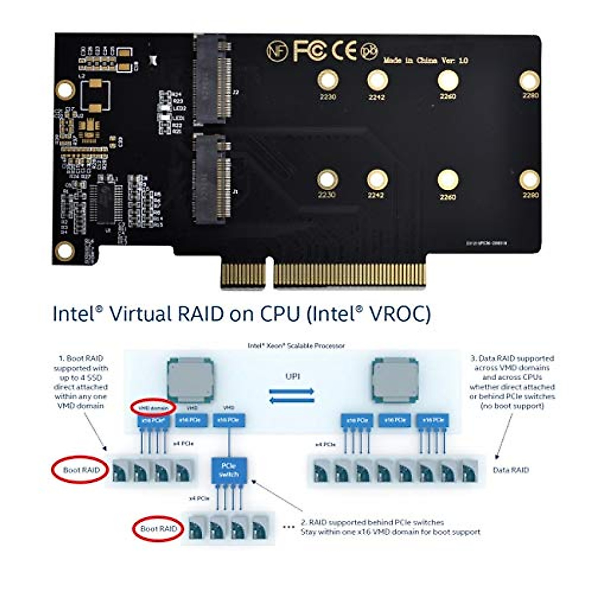 Cablecc Dual 2X NVME M.2 AHCI to PCIE Express 3.0 Gen3 X8 X16 Raid Card VROC Raid0 Hyper Adapter cablecc