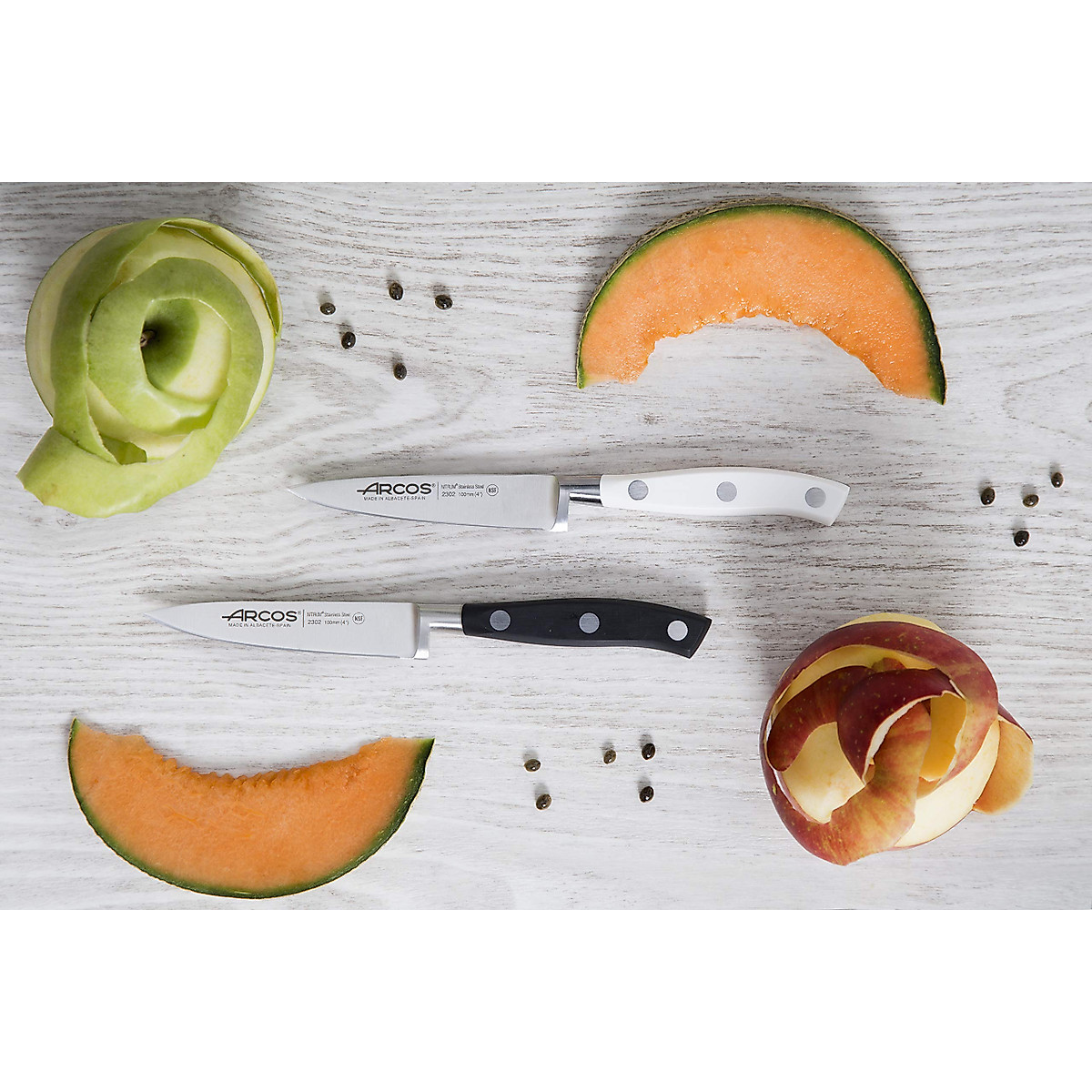 ARCOS Forged Paring Knife 4 Inch Stainless Steel. Kitchen Knife for Peeling Fruits and Vegetables. Ergonomic Polyoxymethylene Handle and 100mm Blade. Series Riviera Blanc. Color White