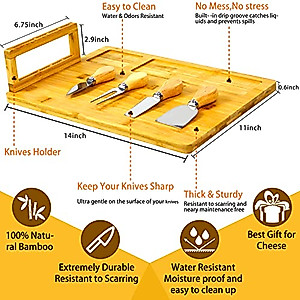 Mondax Premium Bamboo Cheese Board Wooden Charcuterie Platter and Sever Tray with 4 Stainless Steel Knife Thick Fancy Cheese Board Set Kitchen Living-Room House Warming Wedding Ideal