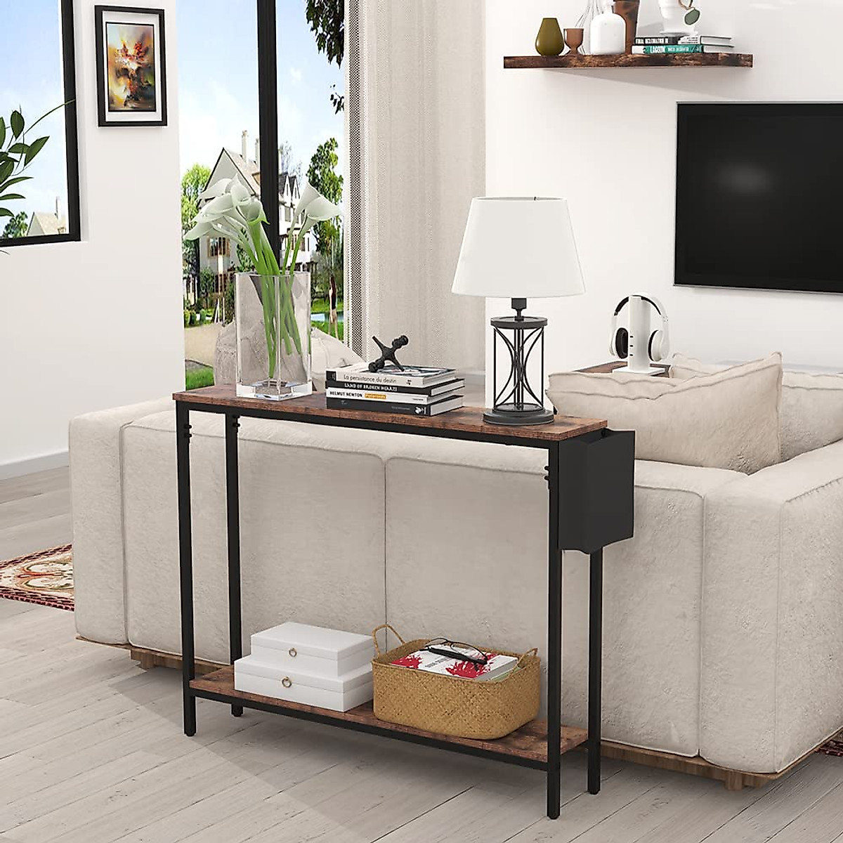 Bigbiglife 39.4" Console Entryway Table, 2-Tier Industrial Narrow Sofa Table with Storage Shelves for Hallway, Living Room, Bedroom, Foyer, Corridor, Office, Rustic Brown and Black