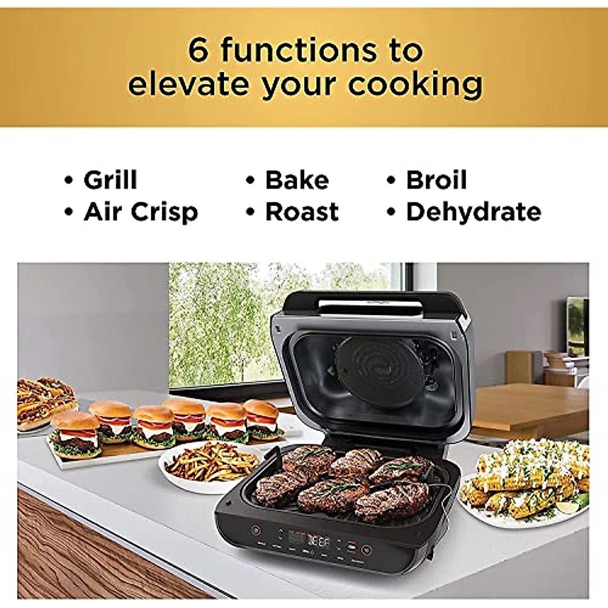 Ninja FG551 Foodi Smart XL 6-in-1 Indoor Grill with 4-Quart Air Fryer Roast Bake Dehydrate Broil and Leave-in Thermometer, Extra Large Capacity, a stainless steel Finish (Renewed) (Cinnemon/RED)