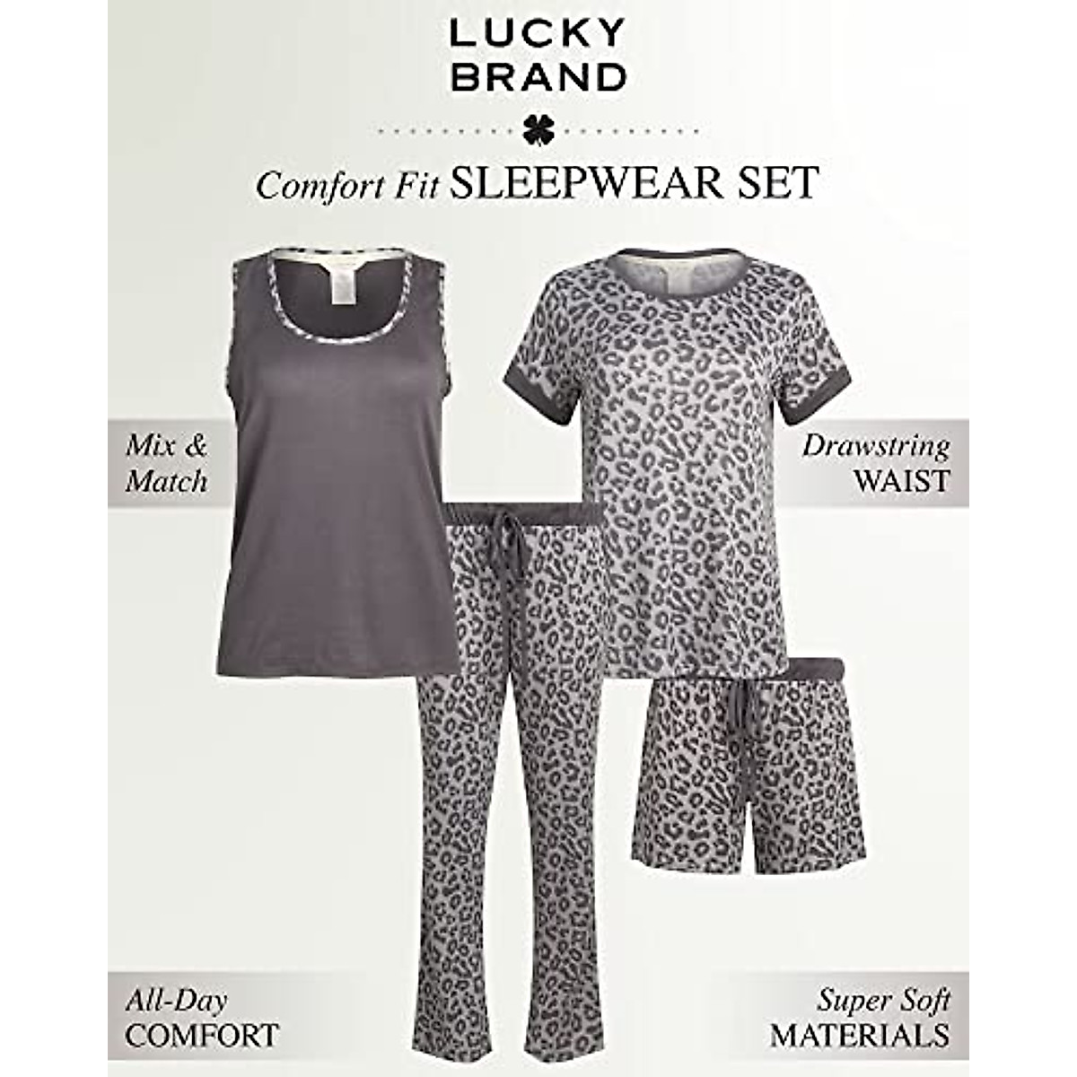 Lucky Brand Women's Pajama Set - 4 Piece Sleep Shirt, Tank Top, Pajama Pants, Lounge Shorts (S-XL), Size Large, Grey