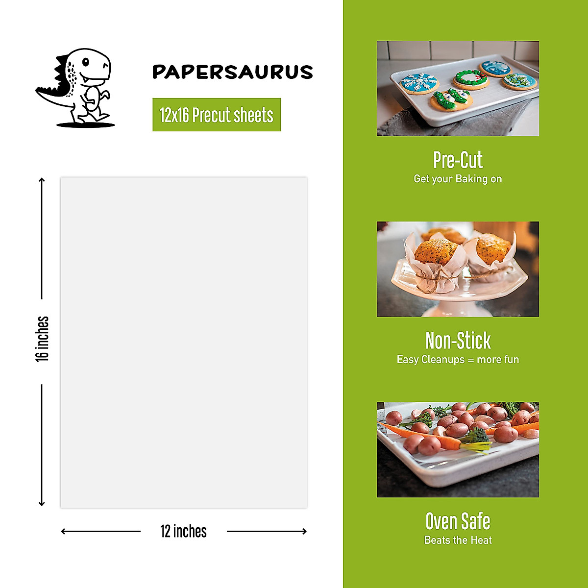 Papersaurus - 12" x 16" White Parchment Paper for Bakers (150 pcs) - Non-Stick Precut Sheets - Food Grade - Oven Safe Sheet Pan Liner - Great for Baking, Air Frying, and Cooking