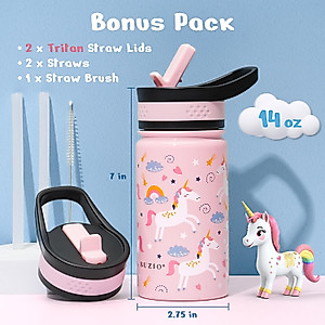 BUZIO Insulated Water Bottle for Kids, Modern Vacuum Insulated Hydro Bottle with 2 Straw Lids, 14oz Double Walled Wide Mouth Sports Drink Flask with Pink Unicorn Patterns, Simple Thermo Canteen Mug