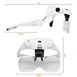 MagniPros LED Illuminated Headband Magnifier Visor | 2 Powerful LED Lights | 5 Detachable Lenses 1X, 1.5X, 2X, 2.5X 3.5X - Hands-Free Lighted Magnifying Glasses for Crafts, Hobbies, Cross Stitch