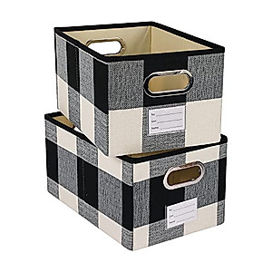 ANMINY 2PCS Storage Bins Set Cotton Linen Fabric Open Storage Basket Box Foldable Washable Rectangular Cube Organizer with Handles Label Window Pocket Thick PP Plastic Board - Medium, Black Plaid