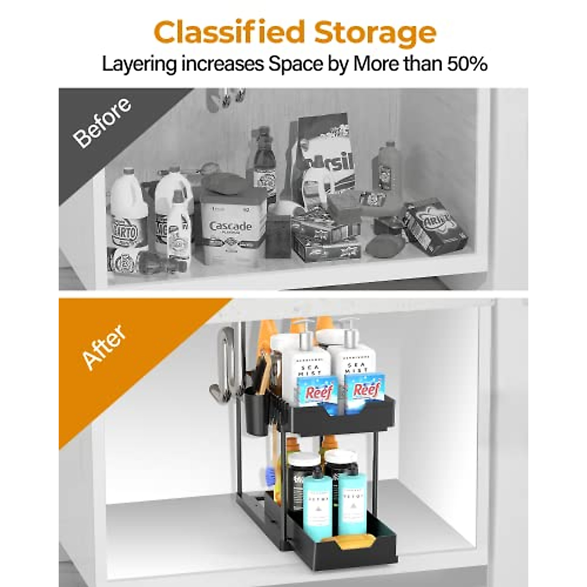 Under Sink Organizers and Storage Bathroom Organizer, 2 Tier Under Sliding Kicthen Cabinet Basket Organizer with Hooks, Hanging Cup, Dividers, Handles, Multi-purpose Under Sink Shelf Organizer, Black