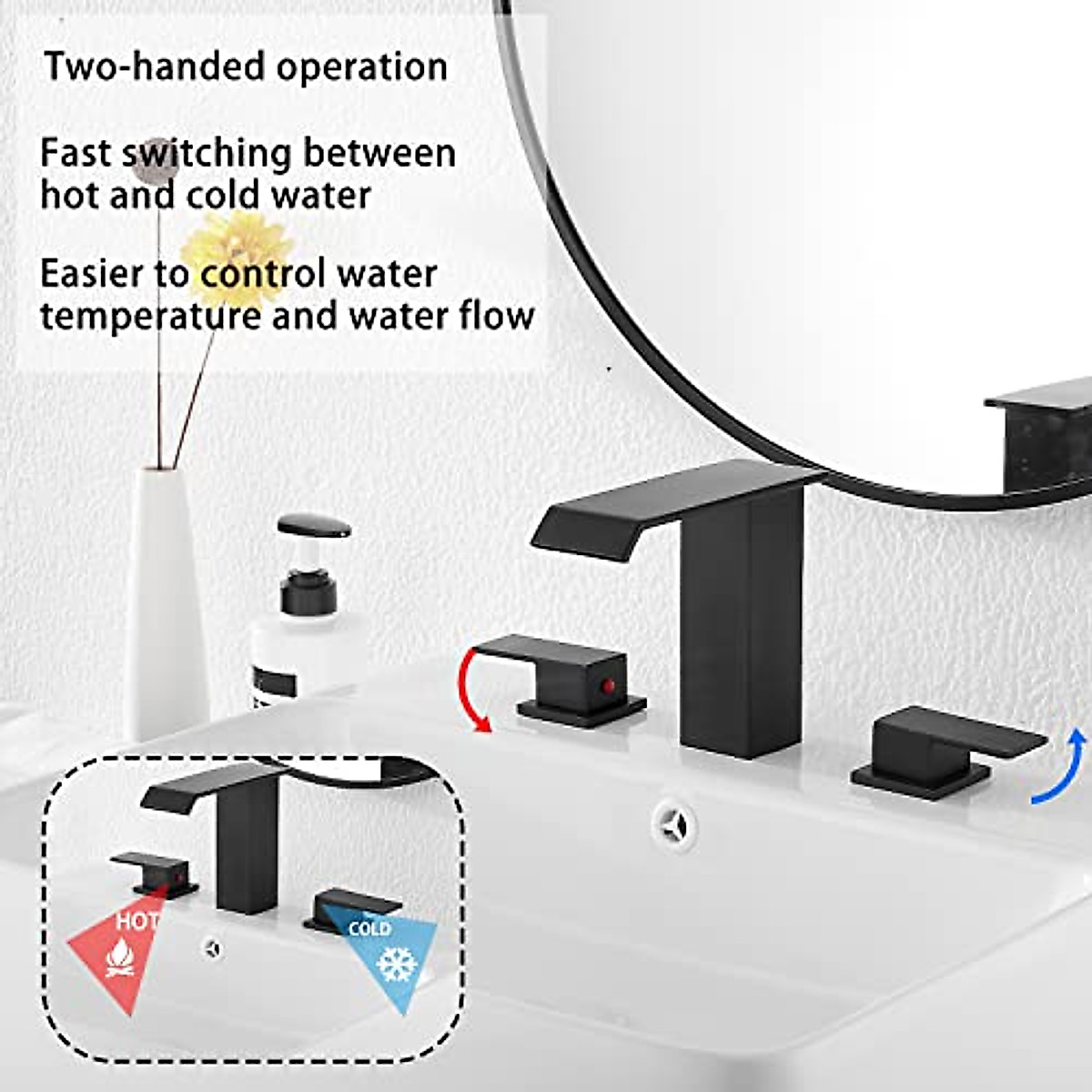 Waterfall Bathroom Faucet Matte Black Widespread GGStudy 3 Holes 2 Handle Black Modern Bathroom Sink Faucet with Pop Up Drain