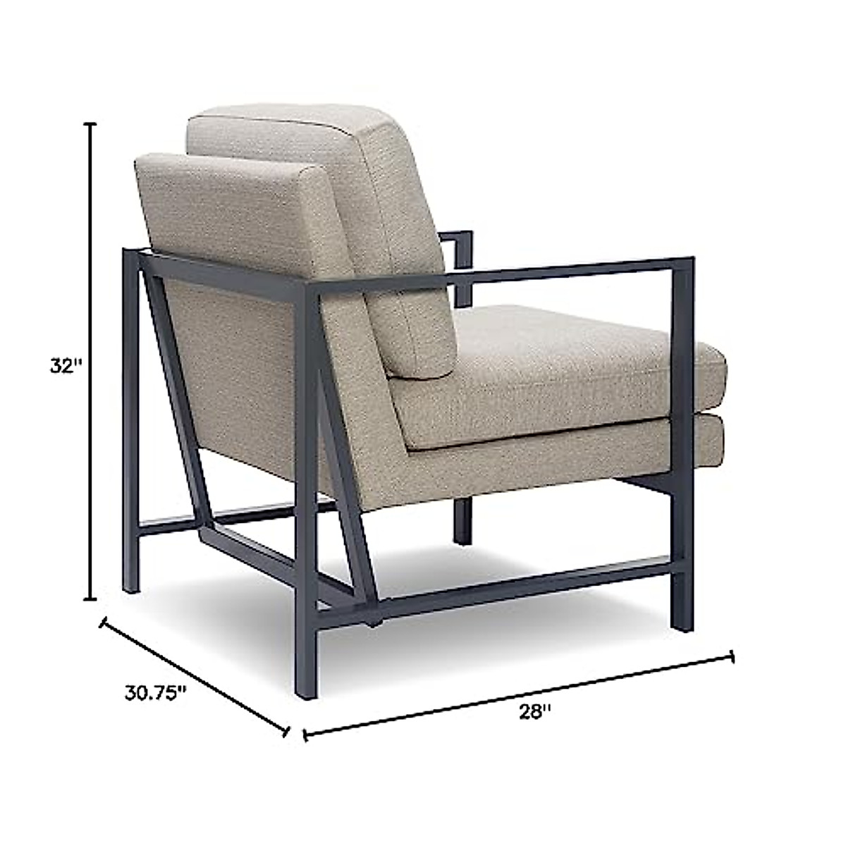 Tommy Hilfiger Russell AccentChair, Medium-Soft Pillow Back, Mid-Century Modern & Industrial Armchair, Comfortable LoungeChair for Living Room, Bedroom, or Office, Gray Square Metal Frame in Linen