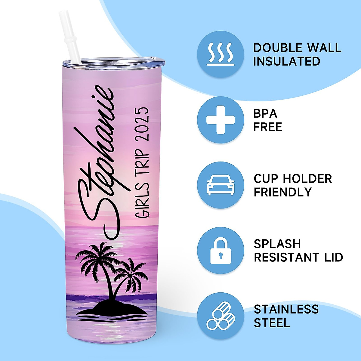 Custom Vacation Tumbler, Personalized Beach Tumblers Bulk for Women, Family Girls Trip Travel Insulated Tumbler Cups with Lids and Straws, Girls Trip Gifts Favors 2025, Bachelorette Trip Gifts