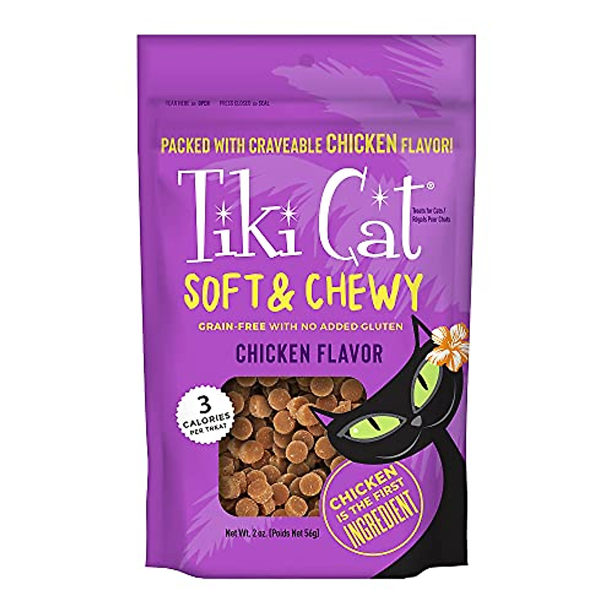 Tiki Cat Grain Free Soft & Chewy Low Calorie Treats for Cats & Kittens - Chicken 2 oz. Bags 8 Pack