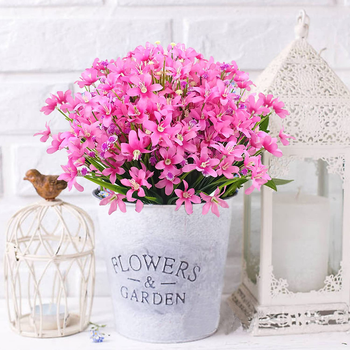 Guagb 7 Bundles Outdoor Artificial Daffodils Flowers UV Resistant Faux Shrubs Fake Plastic Plants for Hanging Planter Window Garden Porch Farmhouse Decor (Pink)