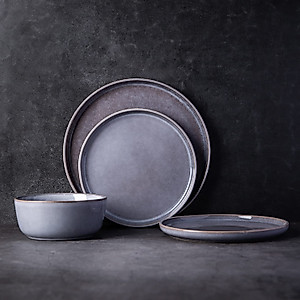 AmorArc Ceramic 10.5inch Dinner Plates and Cereal Bowls set(12PCS), Dishwasher & Microwave Safe, Reactive Grey-Rustic Style