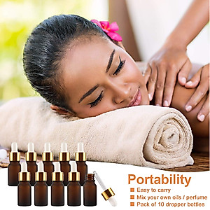 Alledomain 10Pcs, 10ml Frosted Amber Glass Bottles with Glass Pipettes, Mini Empty Dropper Bottles Gold Metal Cap Refillable Sample Container for Essential Oil/Aromatherapy Blends/Chemical Liquid