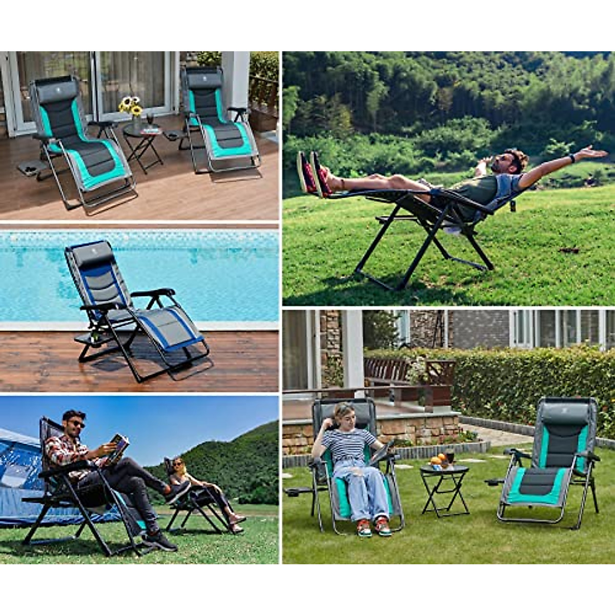 EVER ADVANCED Oversize XL Zero Gravity Recliner Padded Patio Lounger Chair with Adjustable Headrest Support 350lbs (Green)