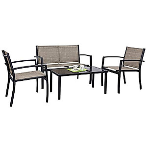 Tuoze 4 Pieces Outdoor Patio Furniture Set Conversation Set with Glass Coffee Table Bistro Set with Loveseat Garden Yard Lawn and Balcony (Brown)