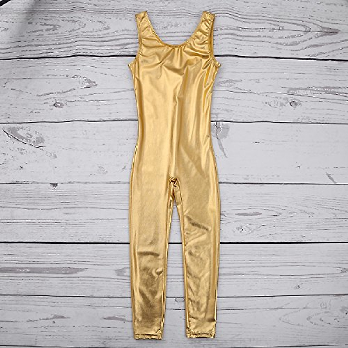 YiZYiF Kids Girls Full Length Gymnastic Unitard Long Sleeve Ballet Dance Leotard Child Shiny Tight Dance Gym Jumpsuit Gold 3-4