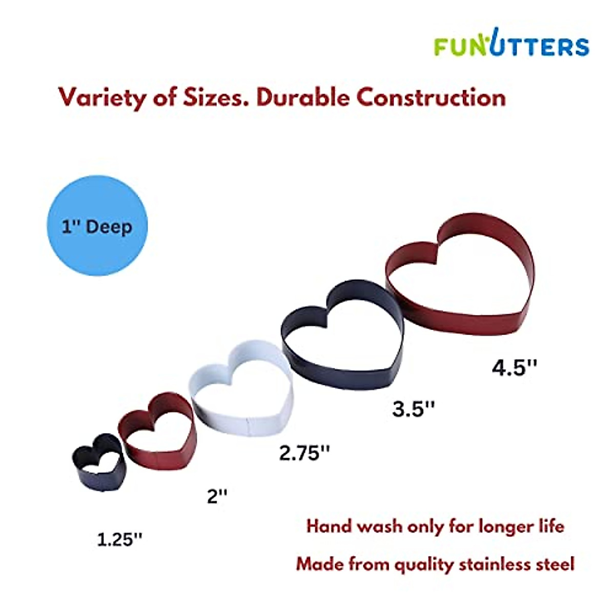 Heart Cookie Cutter Set, 4.5'', 3.5'', 2.75'', 2'', 1.25'', Fun Holiday Heart Shaped Valentines Cookie Cutters, Christmas Cookies, Small, Medium, And Large
