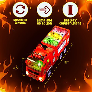 Zetz Brands Fire Truck Toy for Boys, Girls, Kids, w/ 4D LED Lights, Toddlers - Age 3+ Fire Engine Push Toy Car for Little Fireman Real Firetruck Siren Sound, Bump & Go – Ideal Gift