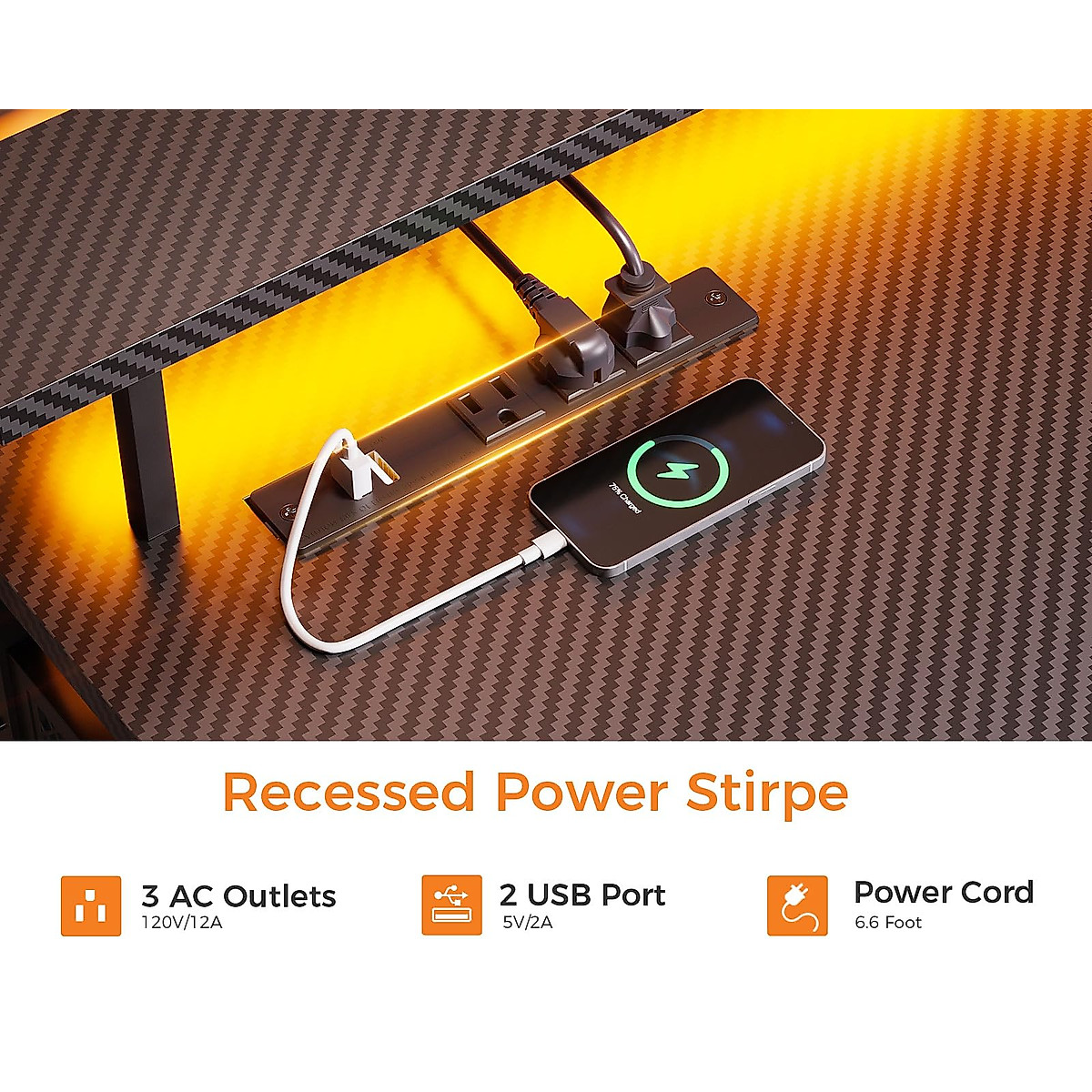 ODK 66" L Shaped Gaming Desk with Power Outlet and LED Lights, PC Gaming Table with Carbon Fiber Texture, Reversible L Shape Desk with Storage Shelves & Monitor Stand, Home Office Desk, Black