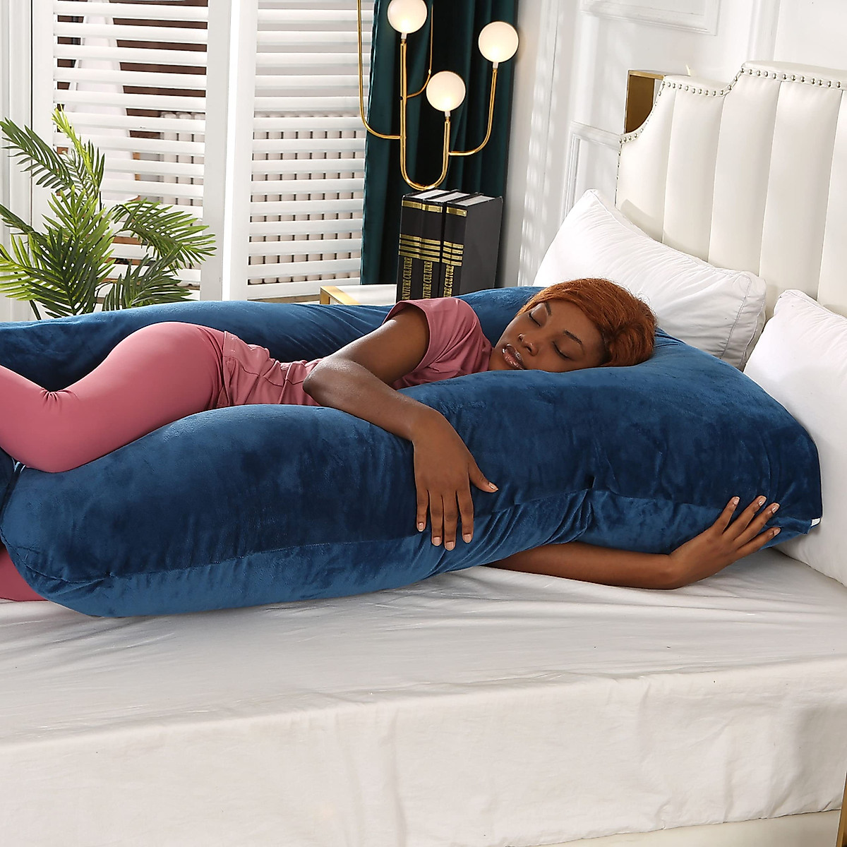 FENGFENG Navy Velvet Large Maternity J-Shaped Home Pregnancy Pillows for Sleeping,Pillow Pregnant Woman Stomach Lift Pillow Side Sleeping Pillow Waist Navy Pillow(31"x47"x70")