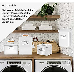 ELITAPRO Dryer Sheets Holder Modern Farmhouse Dryer Sheet Dispenser Container, Metal Dryer Sheet Box, Farmhouse Decor with Lid, Lint Bin for Laundry room, Storage Box, laundry room decoration, White