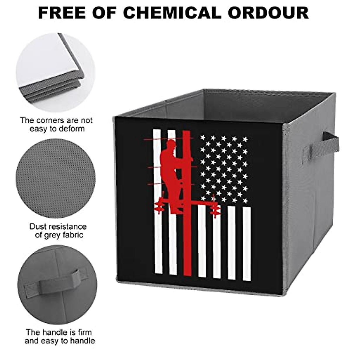 American Flag Electric Cable Lineman PU Leather Collapsible Storage Bins Canvas Cube Organizer Basket with Handles