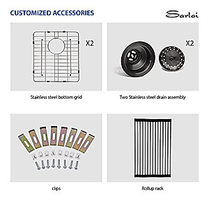 33 Black Kitchen Sink Double Bowl - Sarlai 33 inch Undermount Sink Stainless Steel 16 Gauge Gunmetal Black Double Bowl 50/50 Divide Under Counter Kitchen Sink Basin