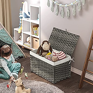 Greenstell Storage Basket with Lid, Handwoven Large Shelf Basket with Cotton Liner and Metal Frame, Foldable & Easy to Install, Storage Box Basket Bin with Handle for Bedroom, Laundry Room Grey 105L