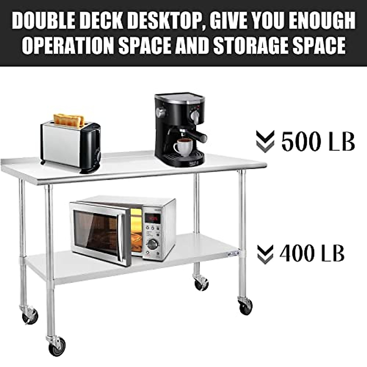 Stainless Steel Table for Prep & Work 24 x 60 Inches with Caster Wheels, NSF Commercial Heavy Duty Table with Undershelf and Backsplash for Restaurant, Home and Hotel