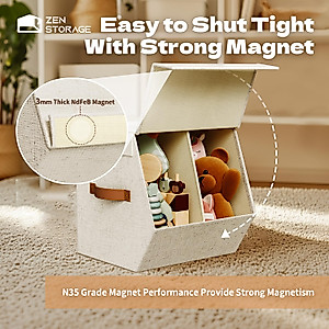 Linen Fabric Storage Bin with Magnetic Closures, Kid Toy Organizer and Storage with Removable Divider, Foldable Storage Bin for Clothes, Towels,Toys, Snacks, Gaming Accessories, Beige, 2Pack
