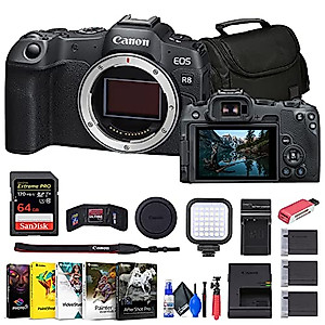 Canon EOS R8 Mirrorless Camera (5803C002) + Rode VideoMic + 64GB Memory Card + Corel Photo Software + Bag + Charger + 2 x LPE17 Batteries + Card Reader + LED Light + Flex Tripod + More (Renewed)